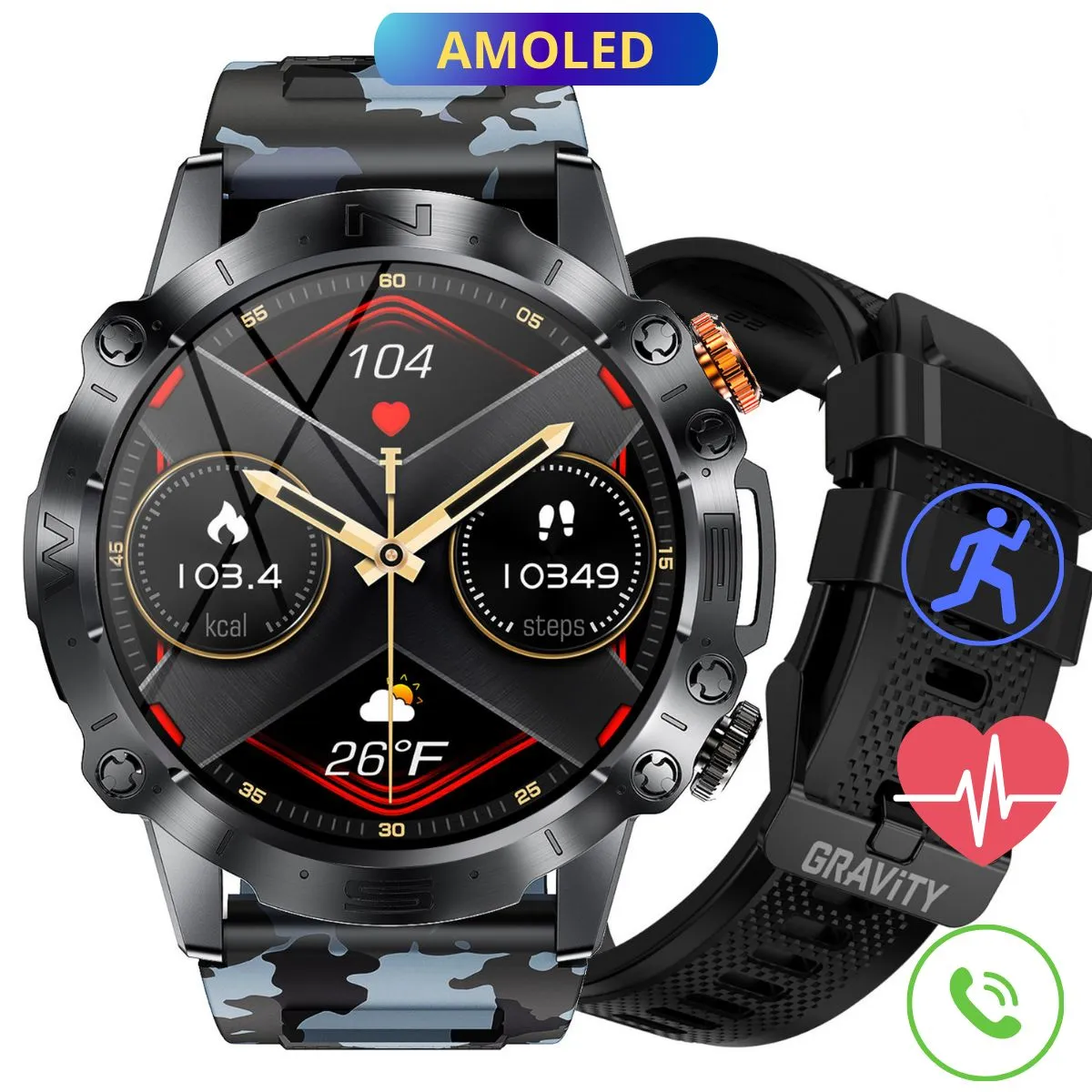 GRAVITY GT20-5 czarny smartwatch męski z funkcją rozmowy • DWA PASKI ...
