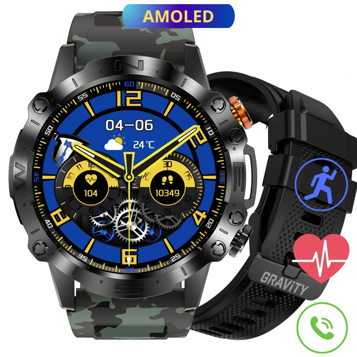 GRAVITY GT20-6 moro wojskowy smartwatch męski z funkcją rozmowy • DWA ...